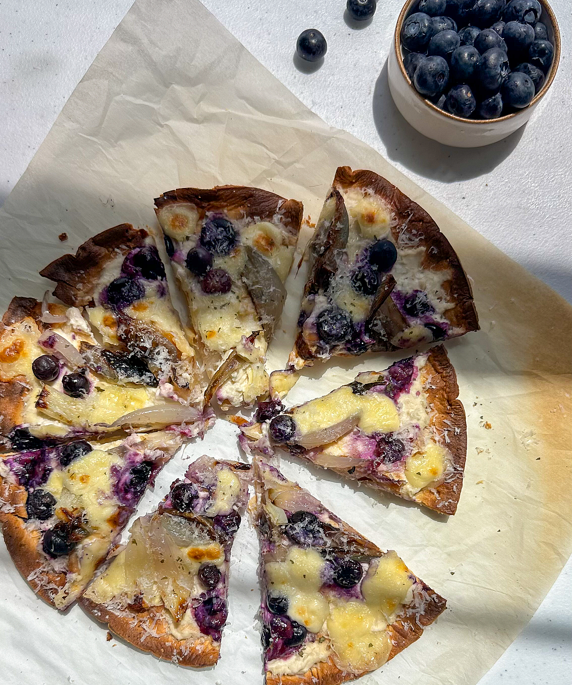 Blueberry Pizza with Whipped Cottage Cheese & Caramelized Shallots